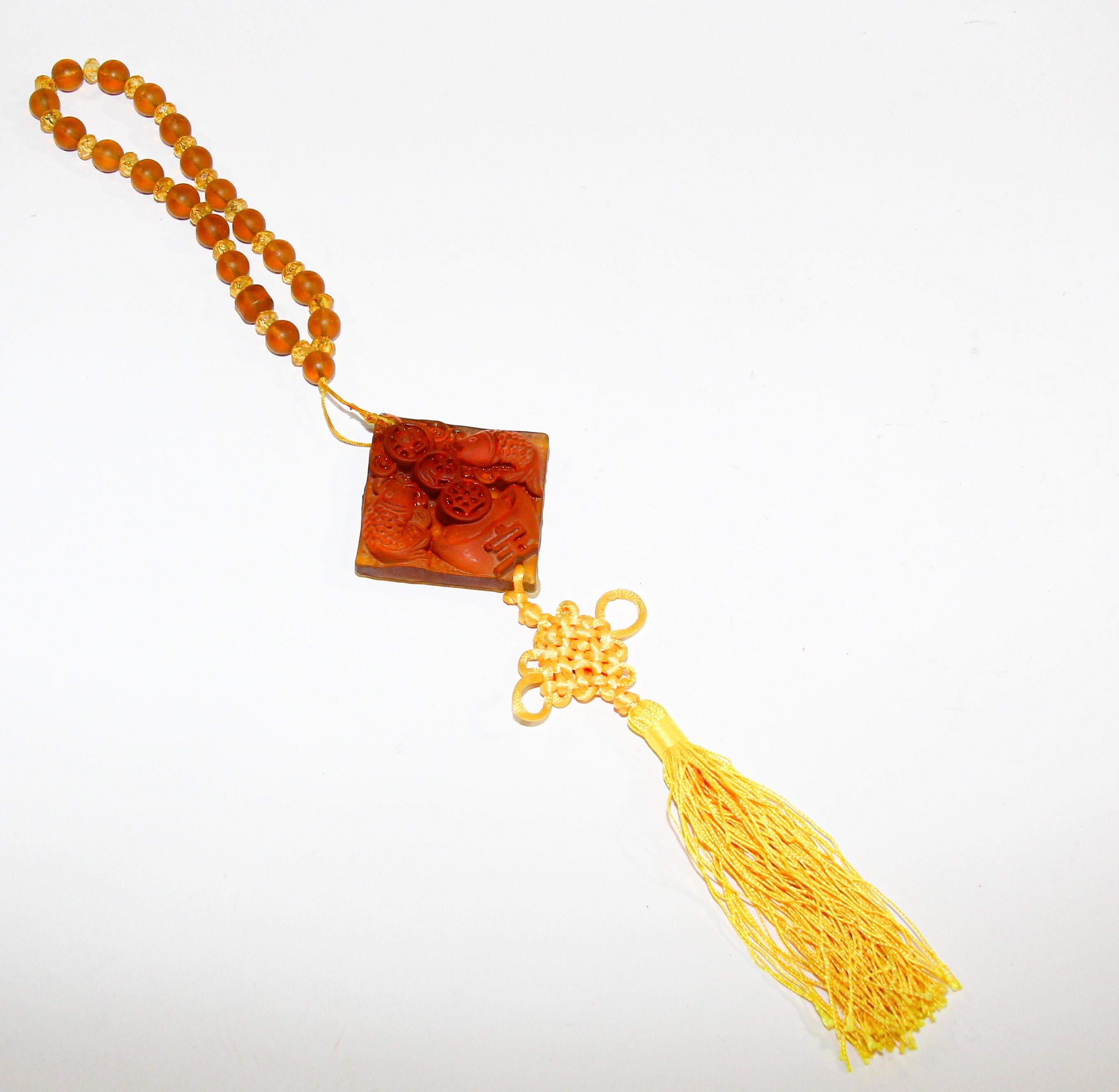 Vintage Hard-Stone Chinese Amulet with Koi Fish Amber and Yellow Silk ...