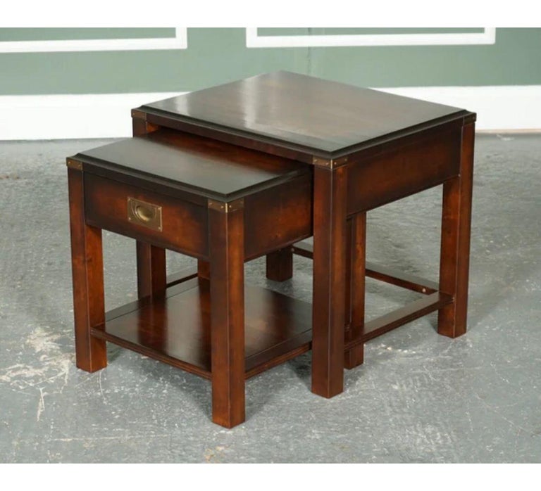 Vintage Hardwood and Brass Military Campaign Nest of Tables with Drawer ...