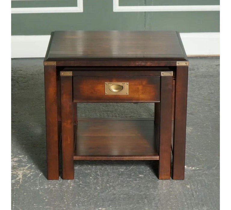 Vintage Hardwood and Brass Military Campaign Nest of Tables with Drawer ...