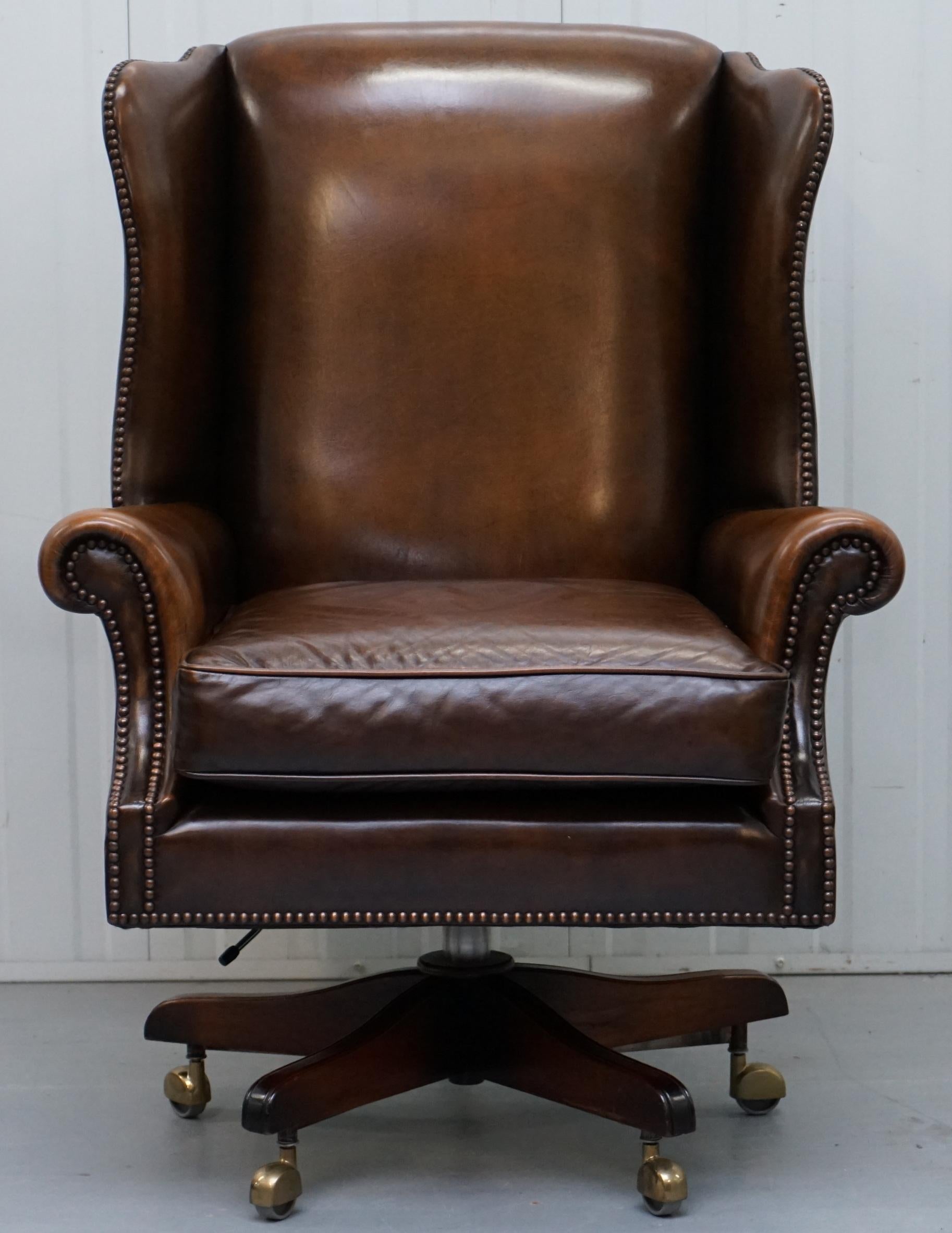 Vintage Harrods London Oversized Brown Leather Wingback Office Captains ...