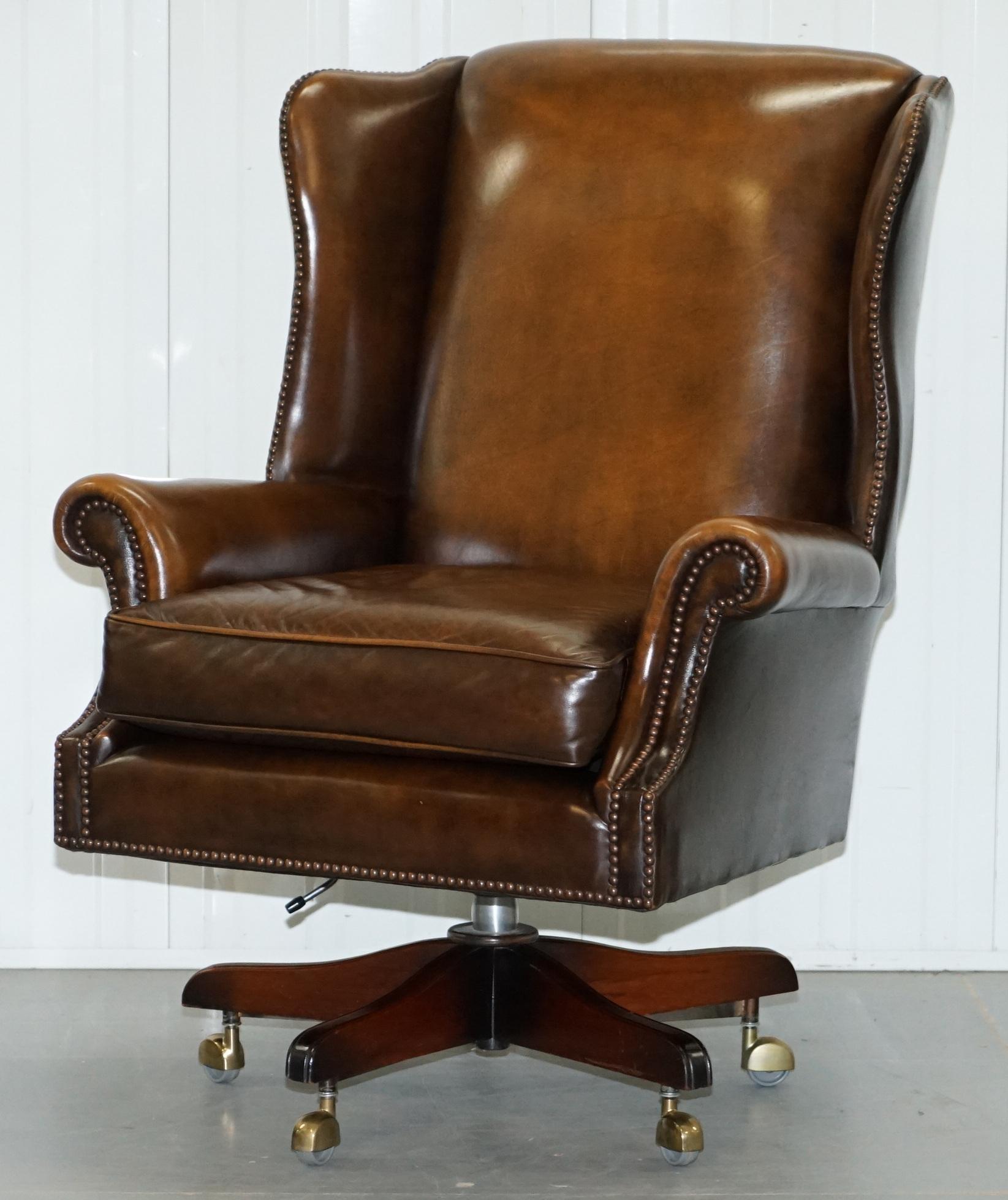 Vintage Harrods London Oversized Brown Leather Wingback Office Captains ...