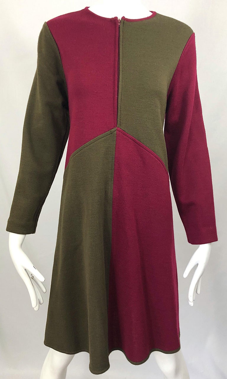Vintage Harve Benard 1960s Style Maroon Burgundy + Brown Knit Wool ...