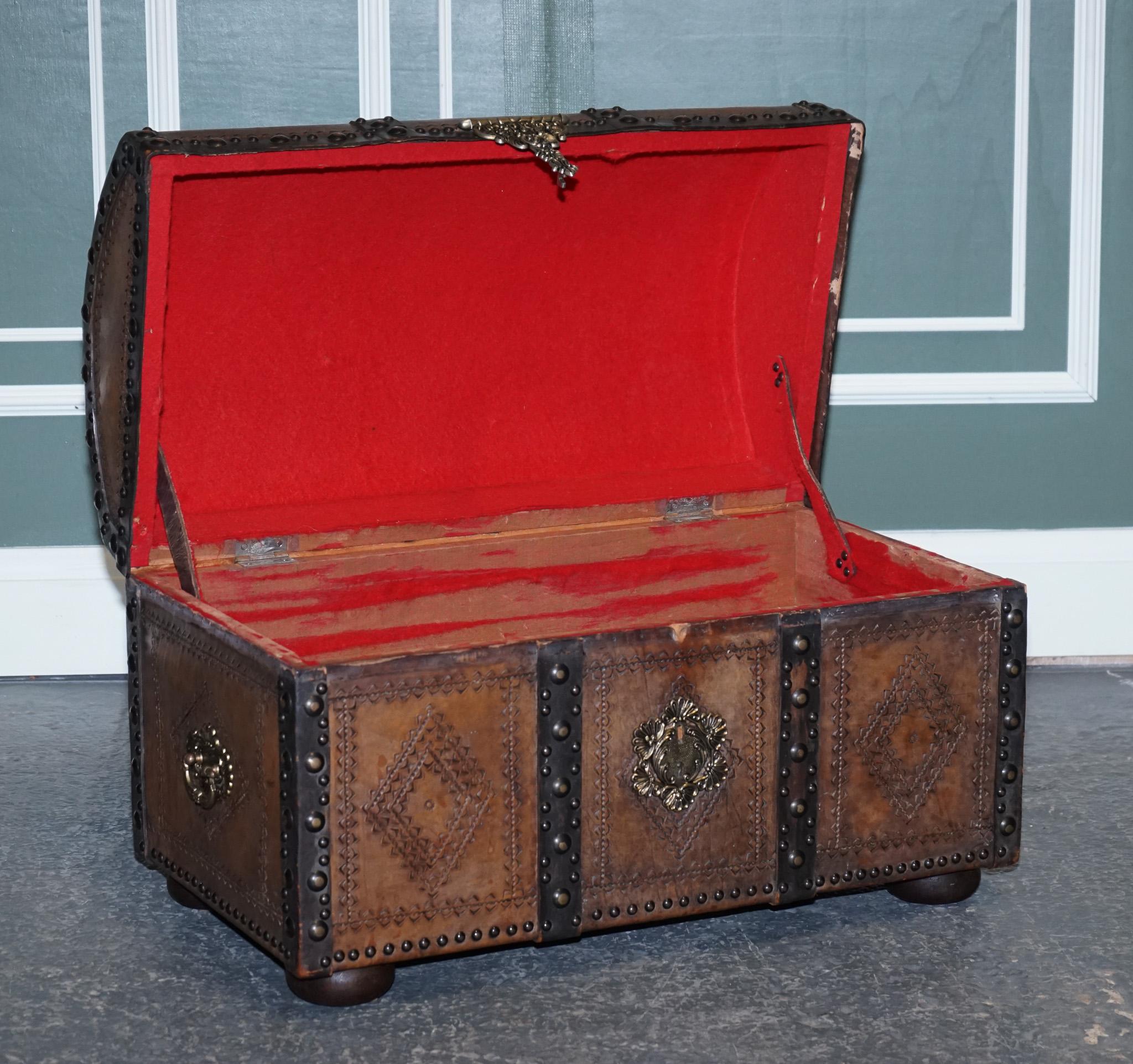 Vintage Heavily Carved Leather Spanish Trunk with Lovely Patina at 1stDibs