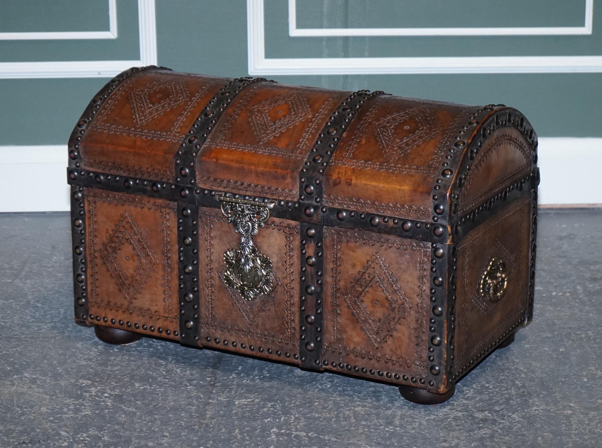 Vintage Heavily Carved Leather Spanish Trunk with Lovely Patina at 1stDibs
