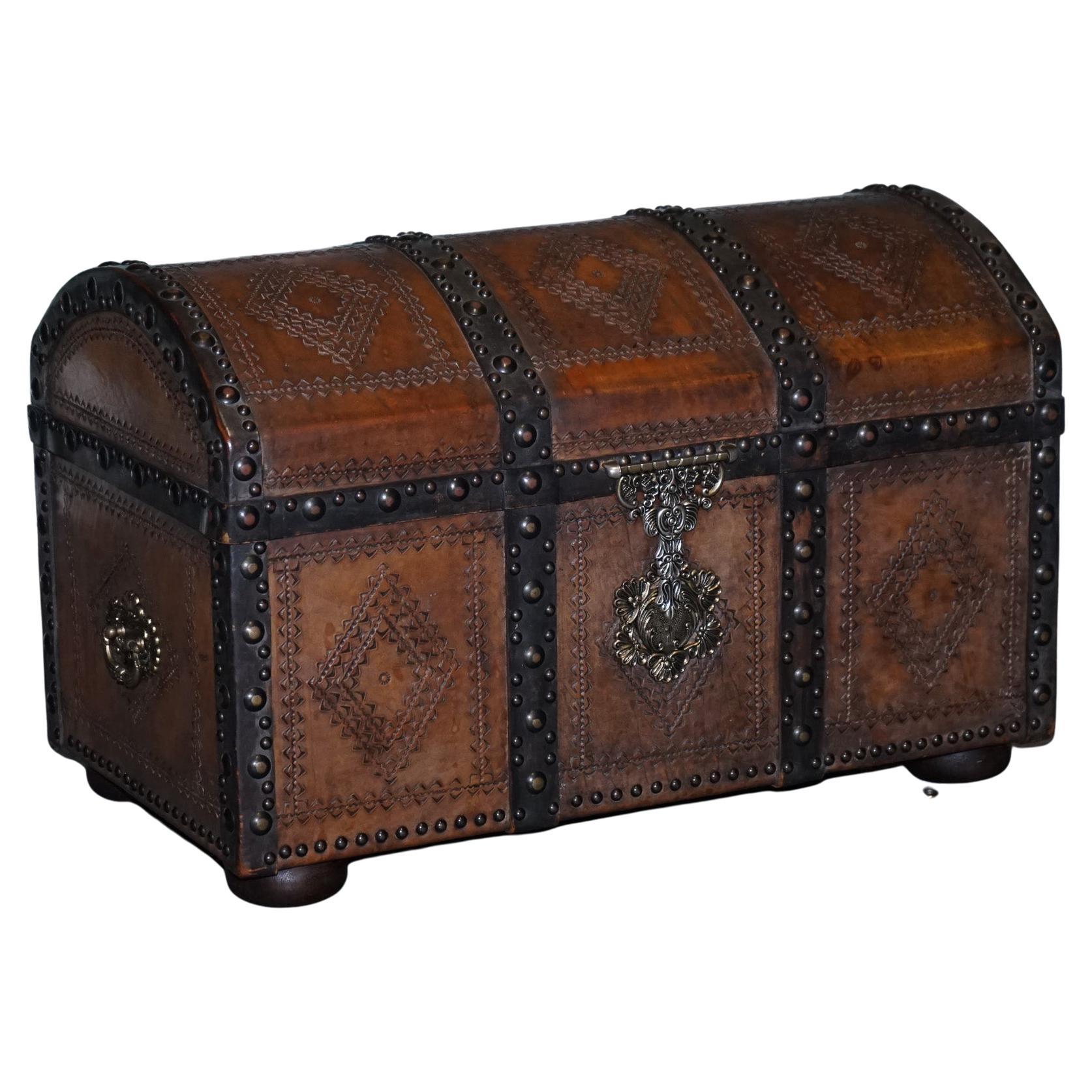Vintage Heavily Carved Leather Spanish Trunk with Lovely Patina at 1stDibs