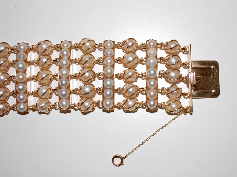 Vintage Heavy 14k Gold Bracelet with Natural Pearls For Sale at 1stDibs