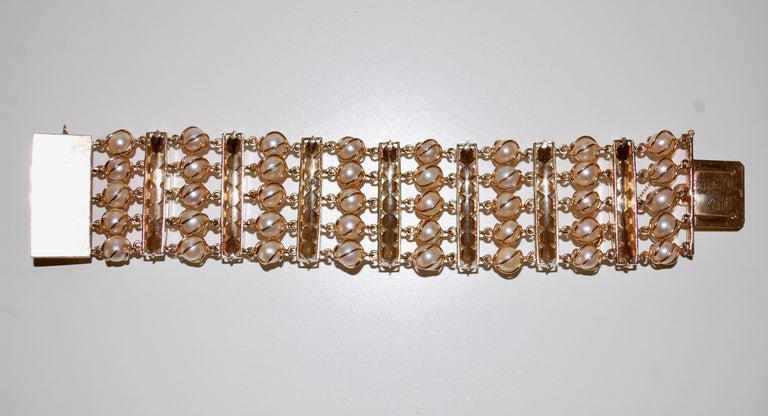 Vintage Heavy 14k Gold Bracelet with Natural Pearls For Sale at 1stDibs