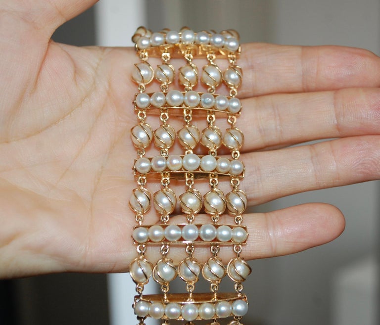 Vintage Heavy 14k Gold Bracelet with Natural Pearls For Sale at 1stDibs