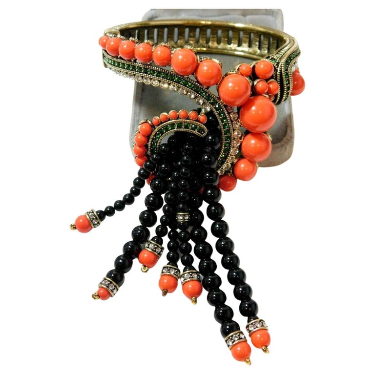 Vintage Heidi Daus Signed Designer Coral Black Beads and Crystal Bangle ...