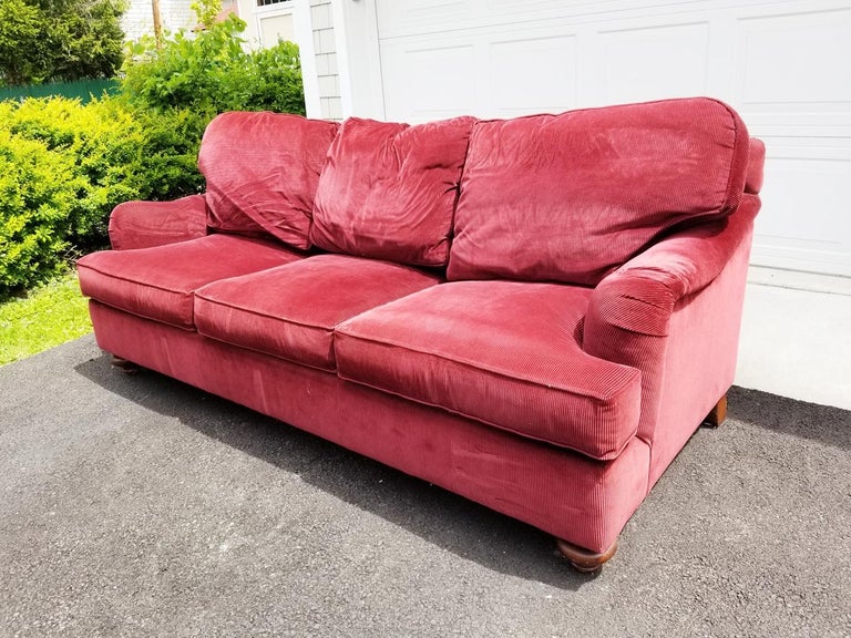 Henredon Custom Red Corduroy Three-Seat Down-Filled Sofa, Cranberry ...