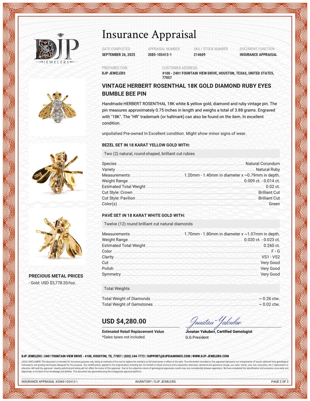 Vintage Herbert Rosenthal 18K Gold Diamond Ruby Eyes Bumble Bee PIN For ...