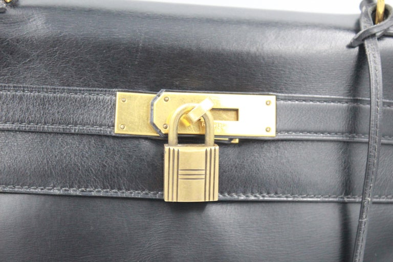 Vintage Hermes Kelly 28 Black Box Leather Bag at 1stDibs