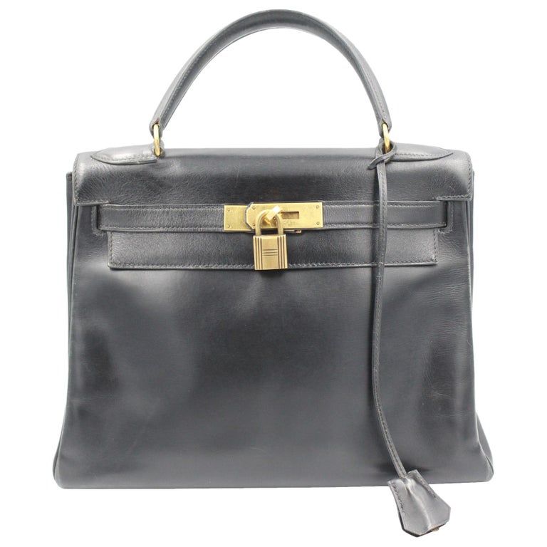 Vintage Hermes Kelly 28 Black Box Leather Bag at 1stDibs