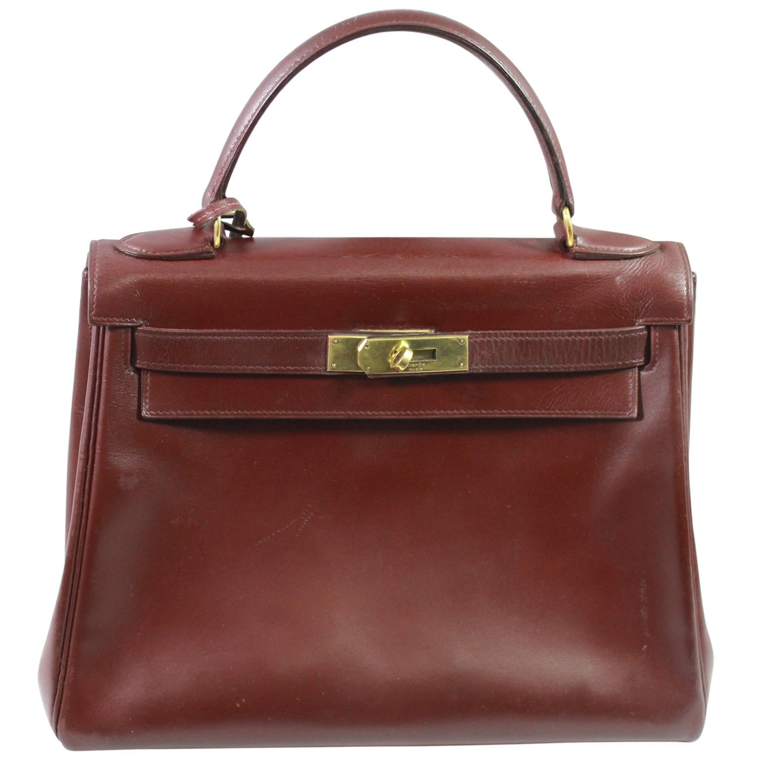 Vintage Hermes Kelly 28 Burgundy Box Leather Bag For Sale at 1stDibs