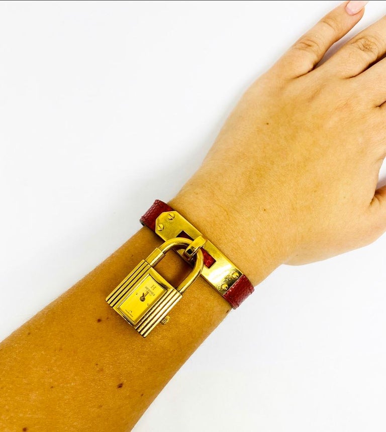 Vintage HERMES Kelly Gold Padlock Wrist Watch Red Animal Skin Strap ...