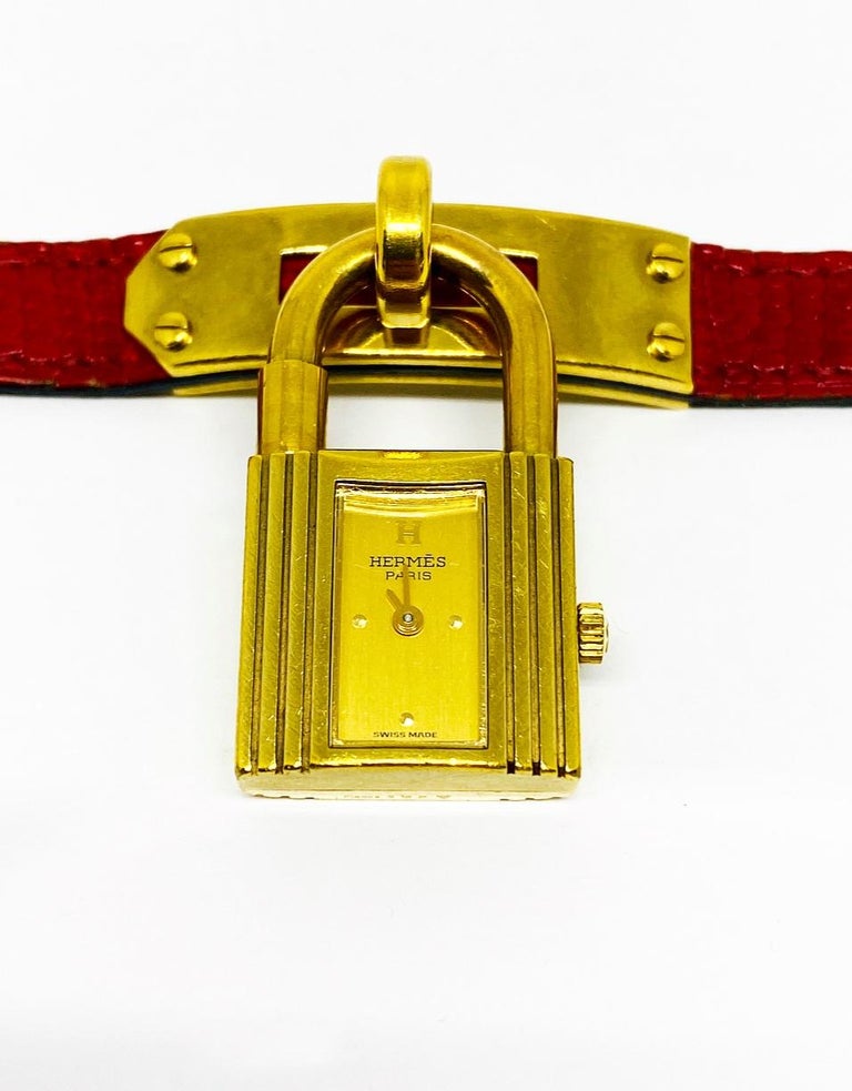 Vintage HERMES Kelly Gold Padlock Wrist Watch Red Animal Skin Strap ...