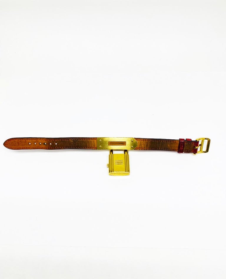 Vintage HERMES Kelly Gold Padlock Wrist Watch Red Animal Skin Strap ...