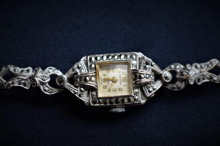 FINAL SALE 1950s Hermes Metal Rhodié and Marcasite Cocktail Watch ...