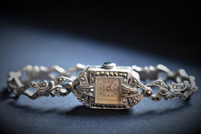 FINAL SALE 1950s Hermes Metal Rhodié and Marcasite Cocktail Watch ...