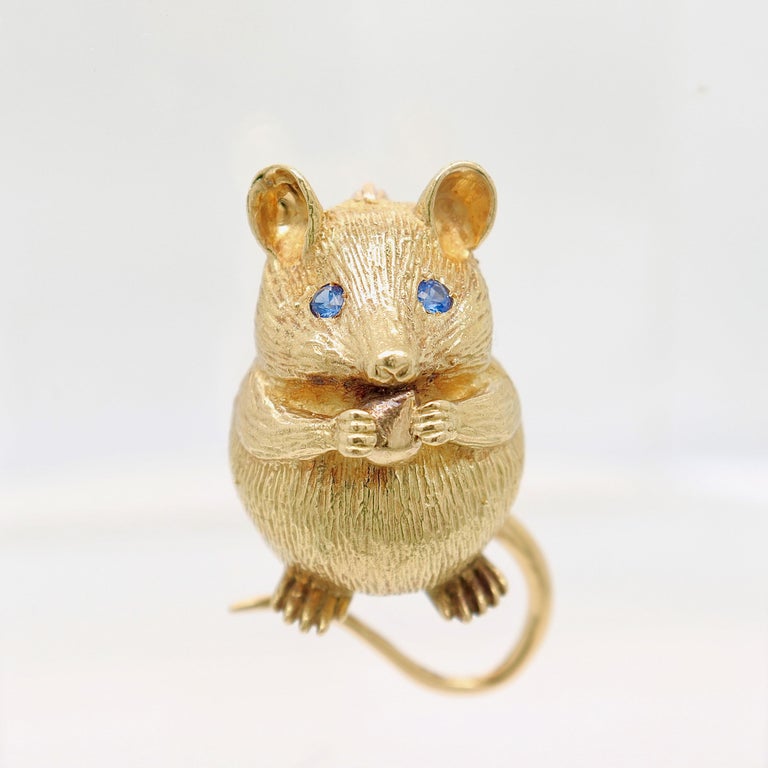 Vintage Hermes Paris 18K Gold and Sapphire Figural Mouse Brooch at 1stDibs