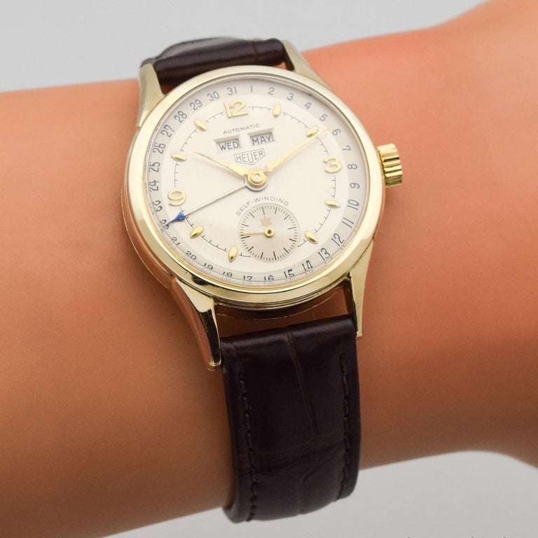 Vintage Heuer Triple Date 14 Karat Yellow Gold Plated Watch at 1stDibs