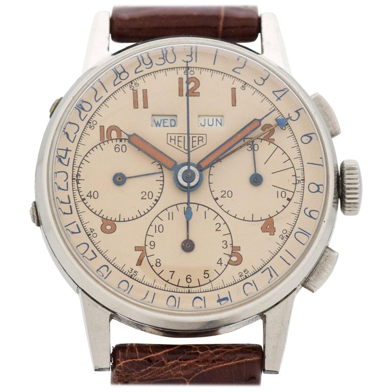 Vintage Heuer Triple Date Chronograph Stainless Steel Watch, 1940s at ...