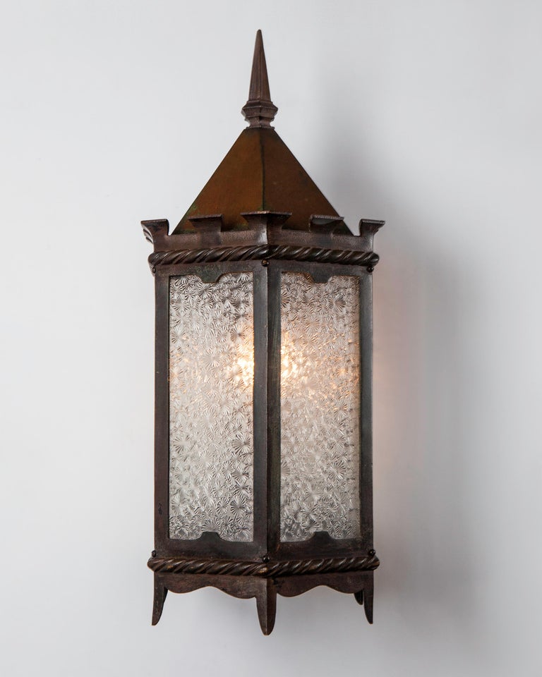 Vintage Hexagonal Bronze Exterior Wall Lanterns with Textured Glass ...