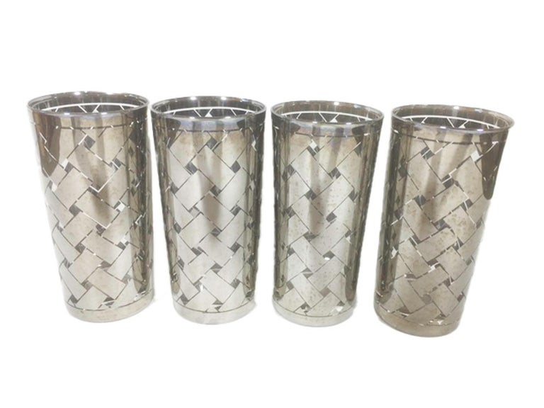 Vintage Highball Glasses in a Graphic Silver Basket Weave Pattern For ...