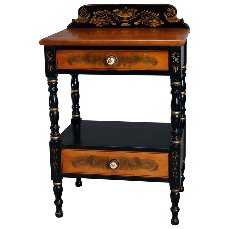 Vintage Hitchcock Stenciled and Gilt Ebonized Two Drawer Side Table ...