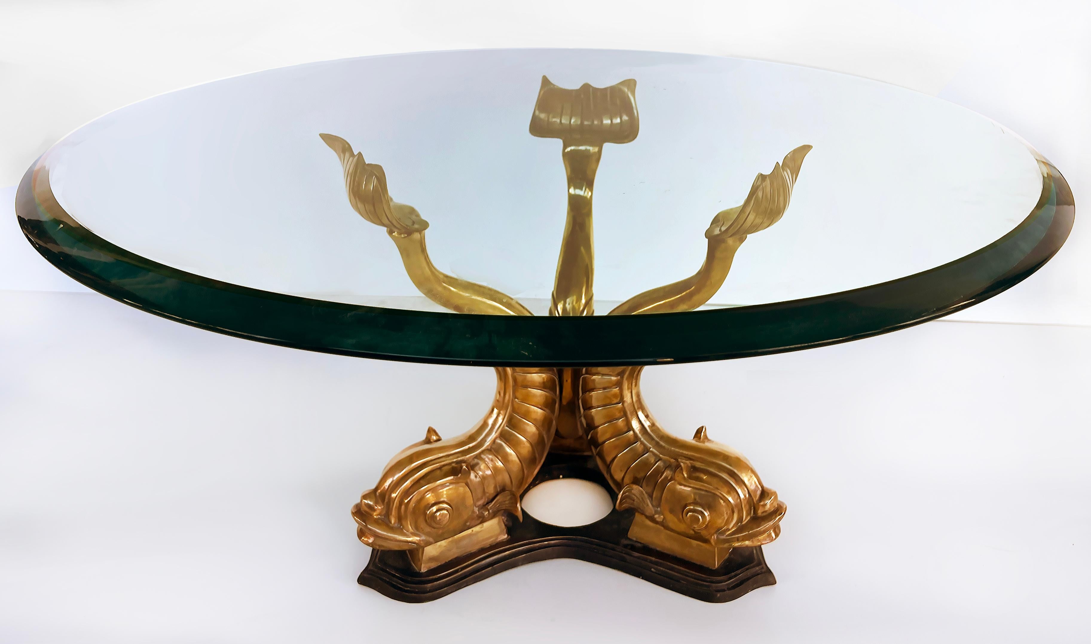 Vintage Hollywood Regency Brass Dolphin Cocktail Table With Beveled ...