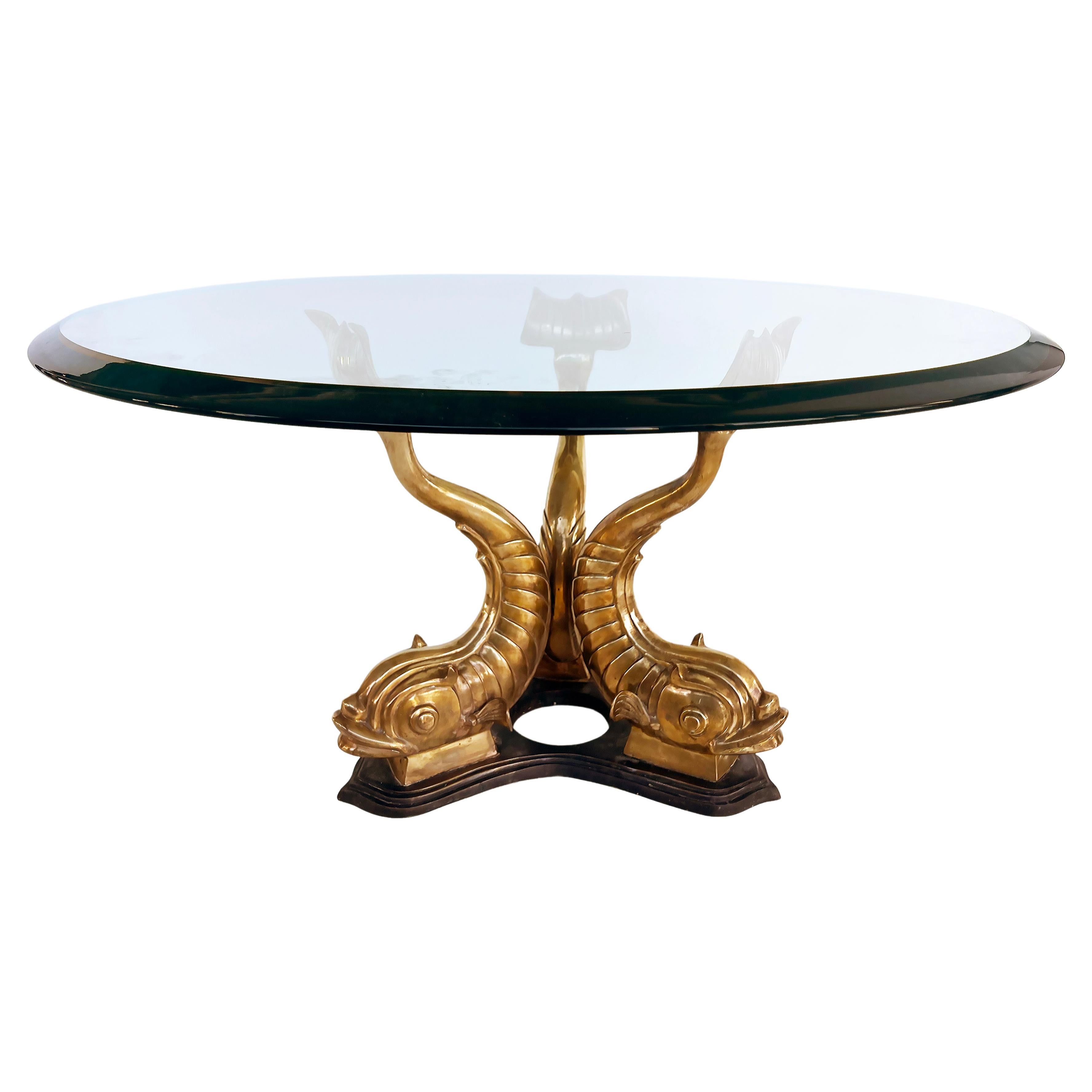 Vintage Hollywood Regency Brass Dolphin Cocktail Table With Beveled ...