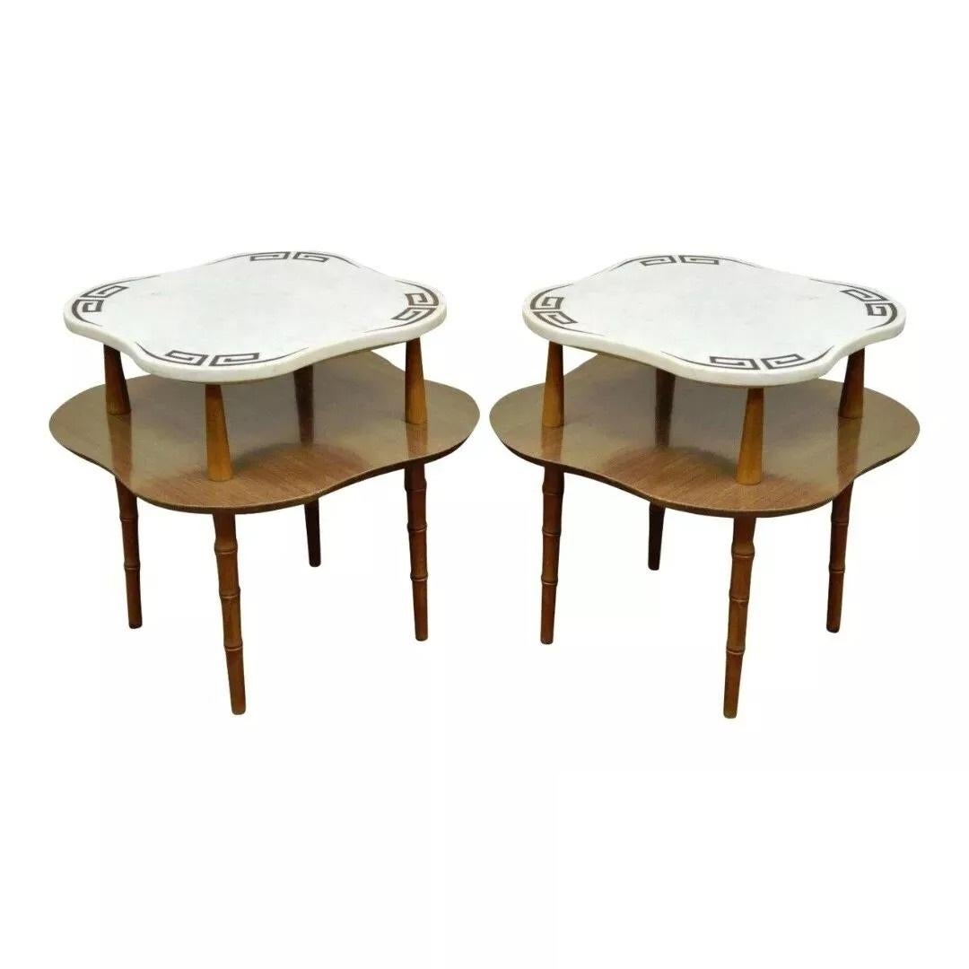 Vintage Hollywood Regency Greek Key Marble Faux Bamboo Wood End Tables ...
