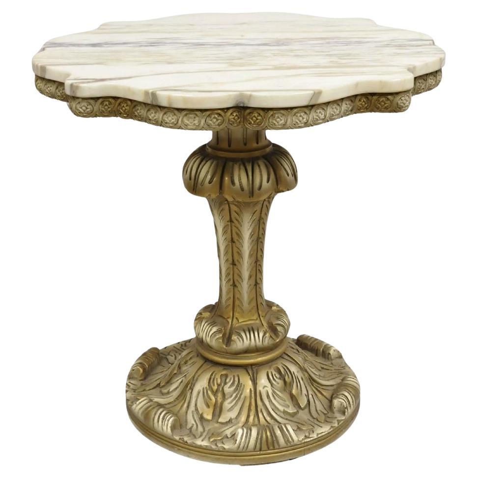 Vintage Hollywood Regency White Gold Plume Carved Pedestal Marble Top ...