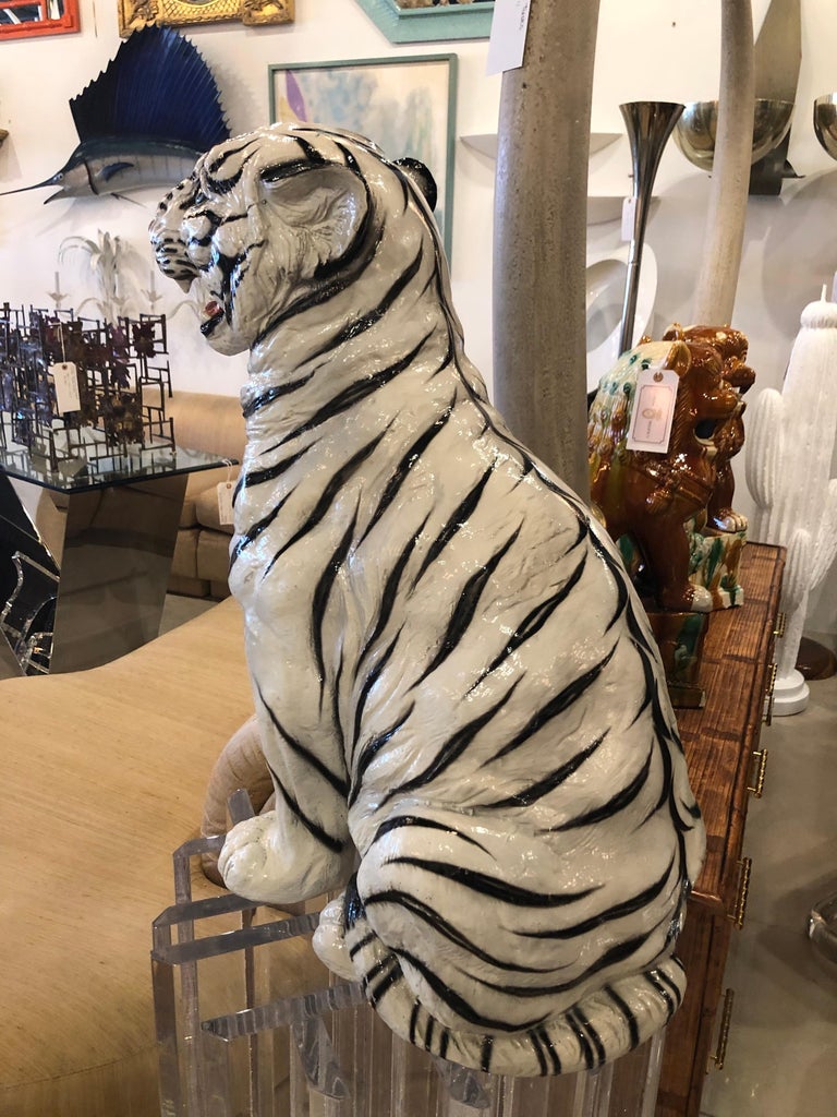 Vintage Hollywood Regency White Tiger Statue at 1stDibs