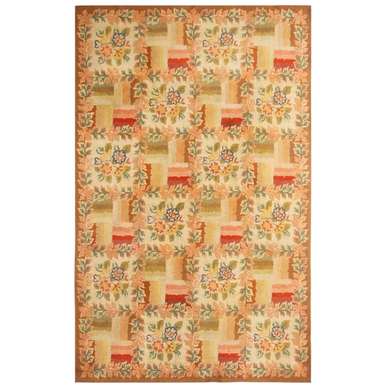 Vintage Hooked Cream Beige Floral Wool Rug For Sale at 1stDibs ...