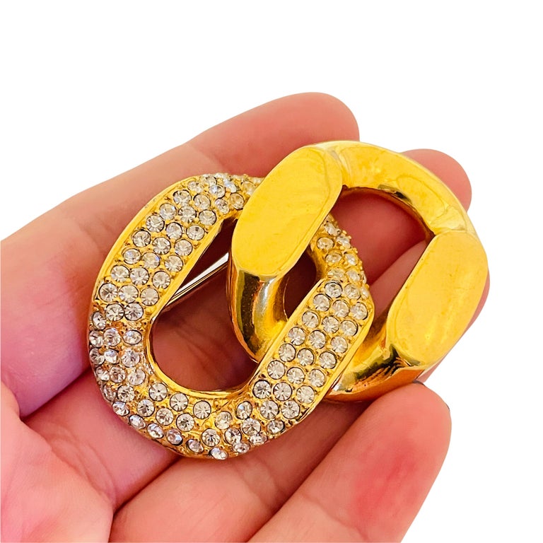 Vintage huge gold rhinestone chain link designer runway brooch For Sale ...