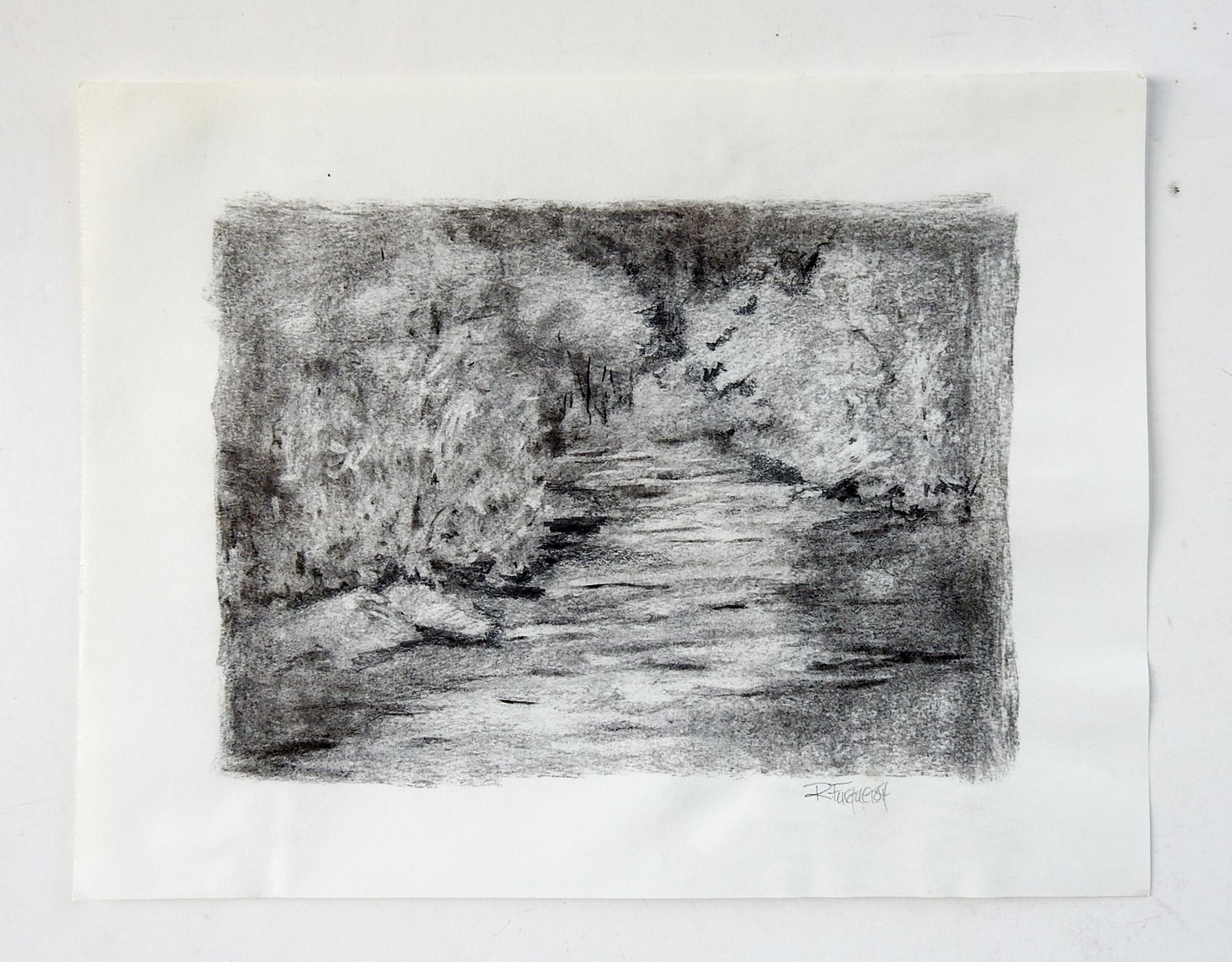 Vintage Impressionist Charcoal Forest Path Drawing For Sale at 1stDibs