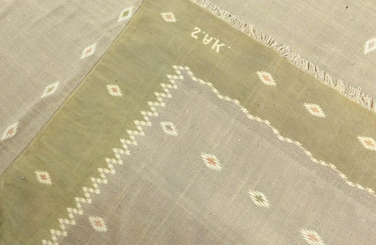 Vintage Indian Dhurrie Green Beige Rug For Sale at 1stDibs
