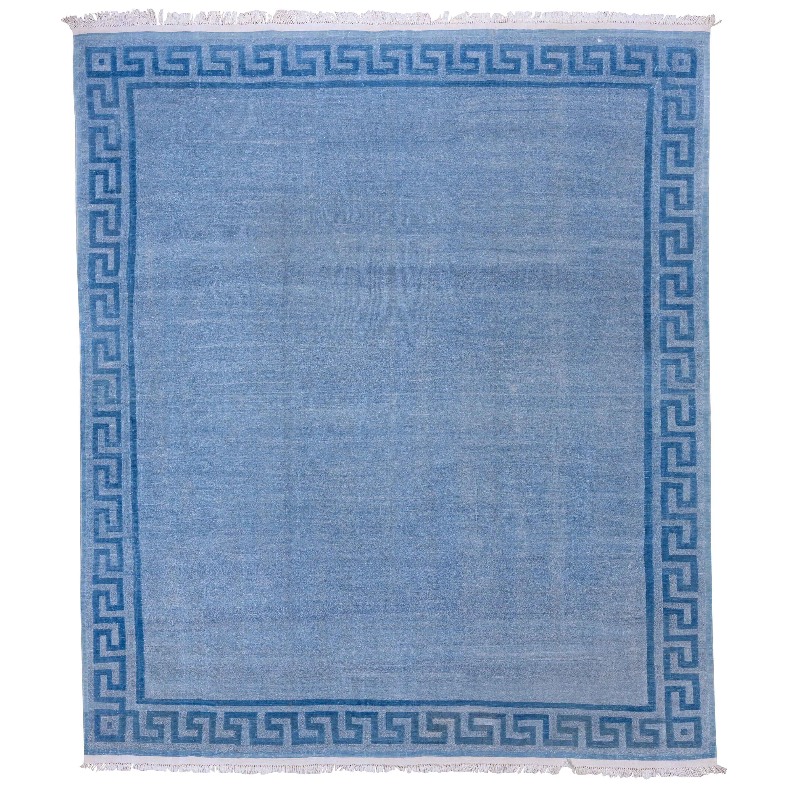 Vintage Indian Dhurrie Rug, Open Baby Blue Field, Greek Key Border ...