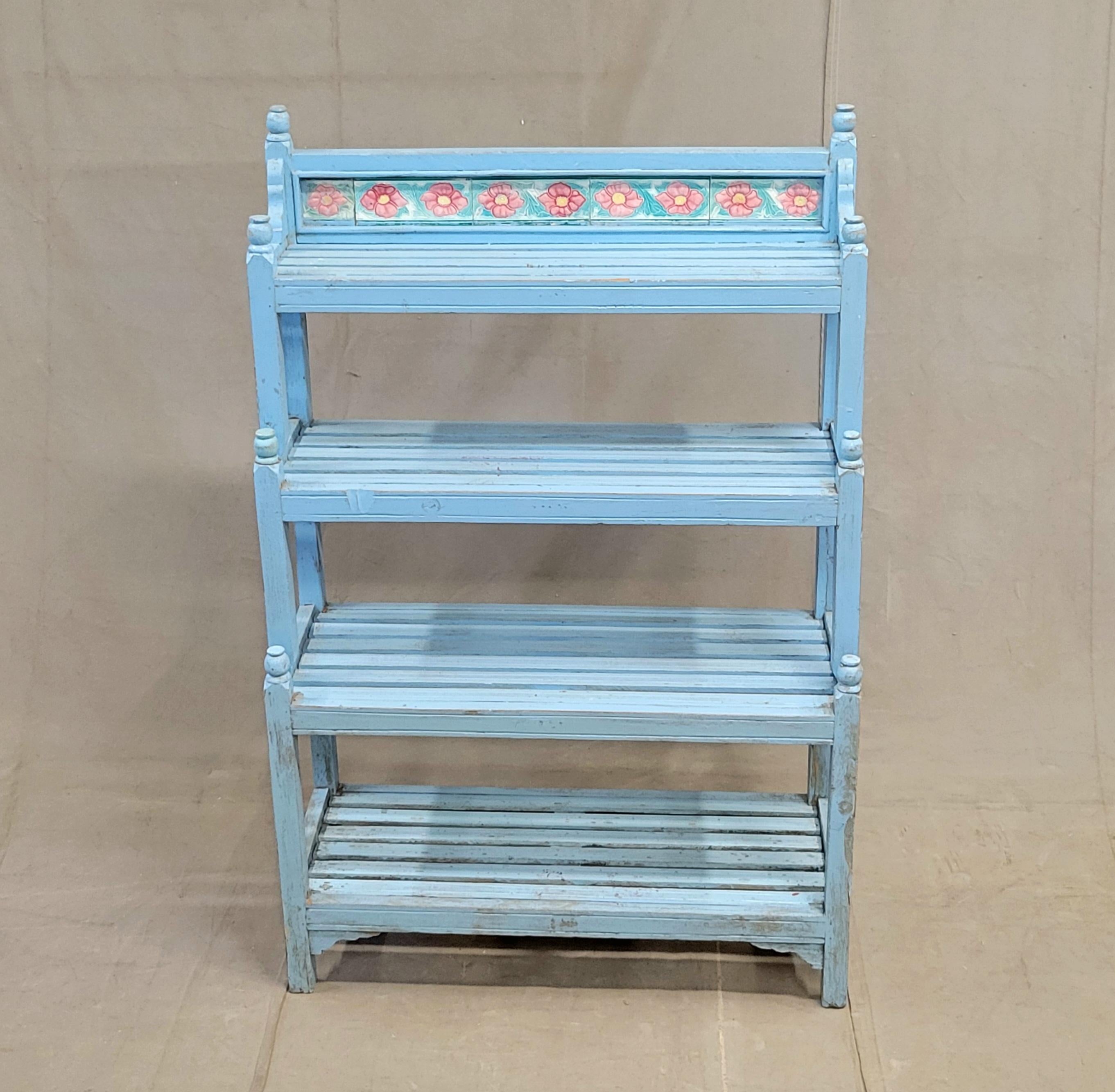 Vintage Indian Painted Bookshelf with Floral Tile For Sale at 1stDibs