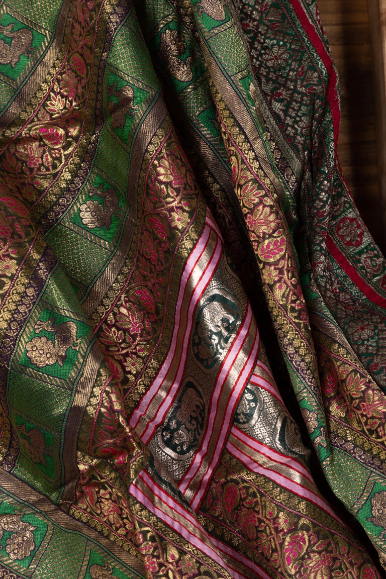 Vintage Indian Silk Embroidered Fabric with Green, Red, Fuchsia and ...