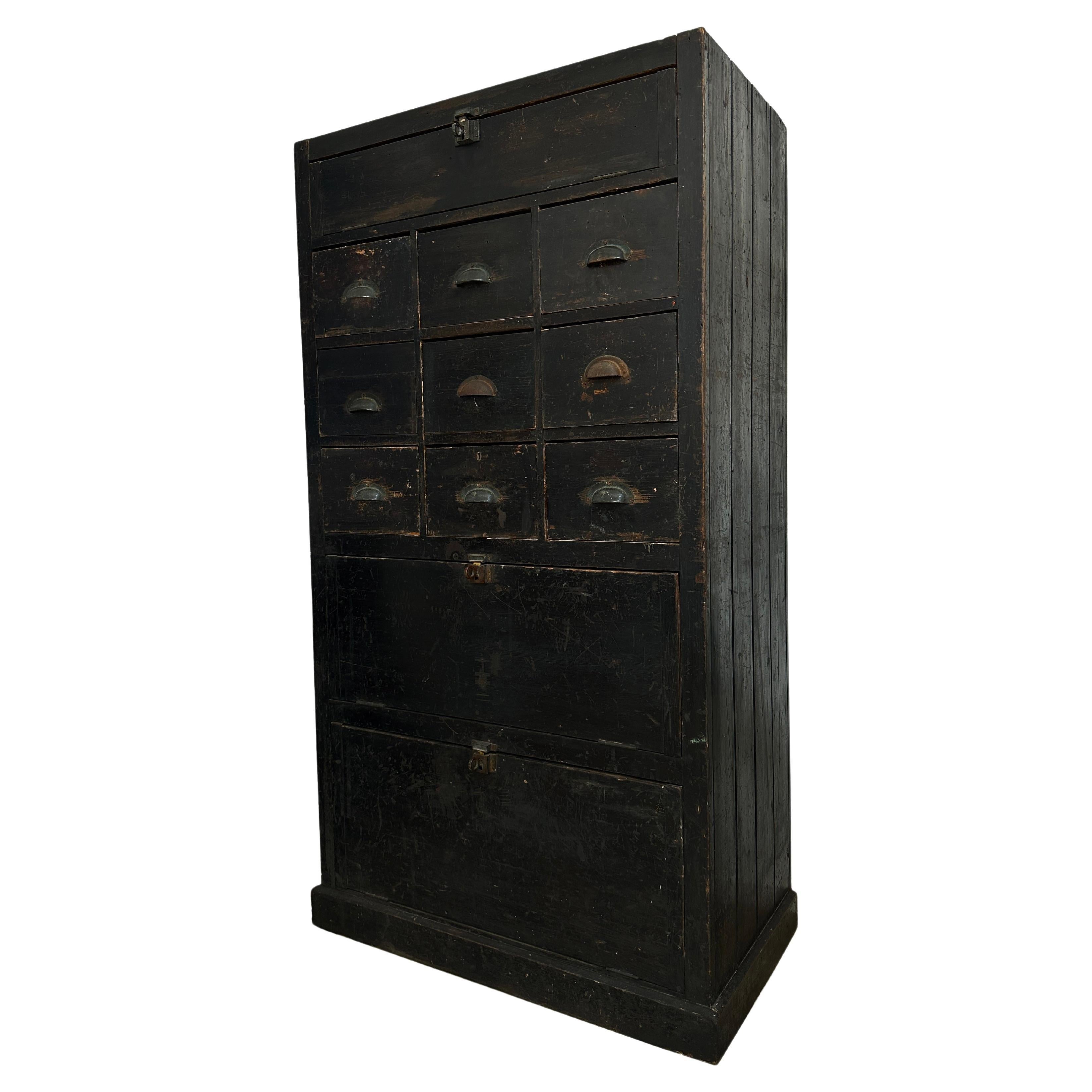 Vintage Industrial Ebonised Pine Haberdashery Chest Of Workshop Factory ...
