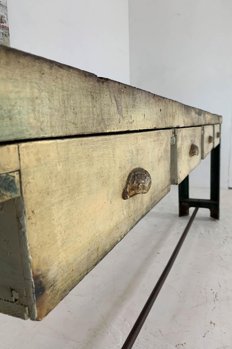 Vintage Industrial Engineer's Workbench Side Table on Cast Iron Ends at ...