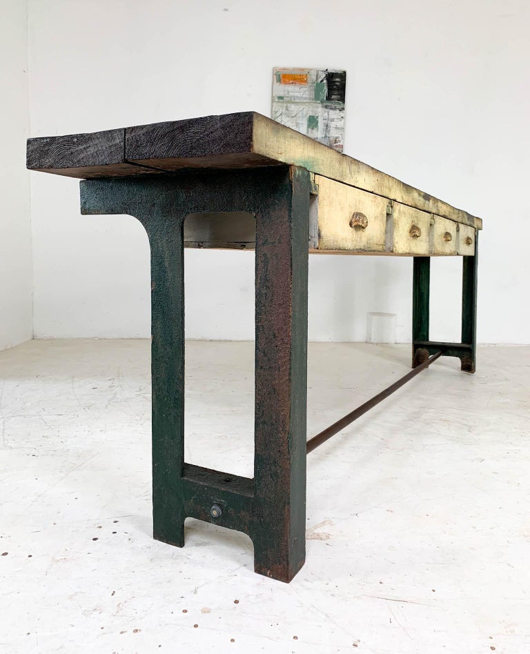 Vintage Industrial Engineer's Workbench Side Table on Cast Iron Ends at ...