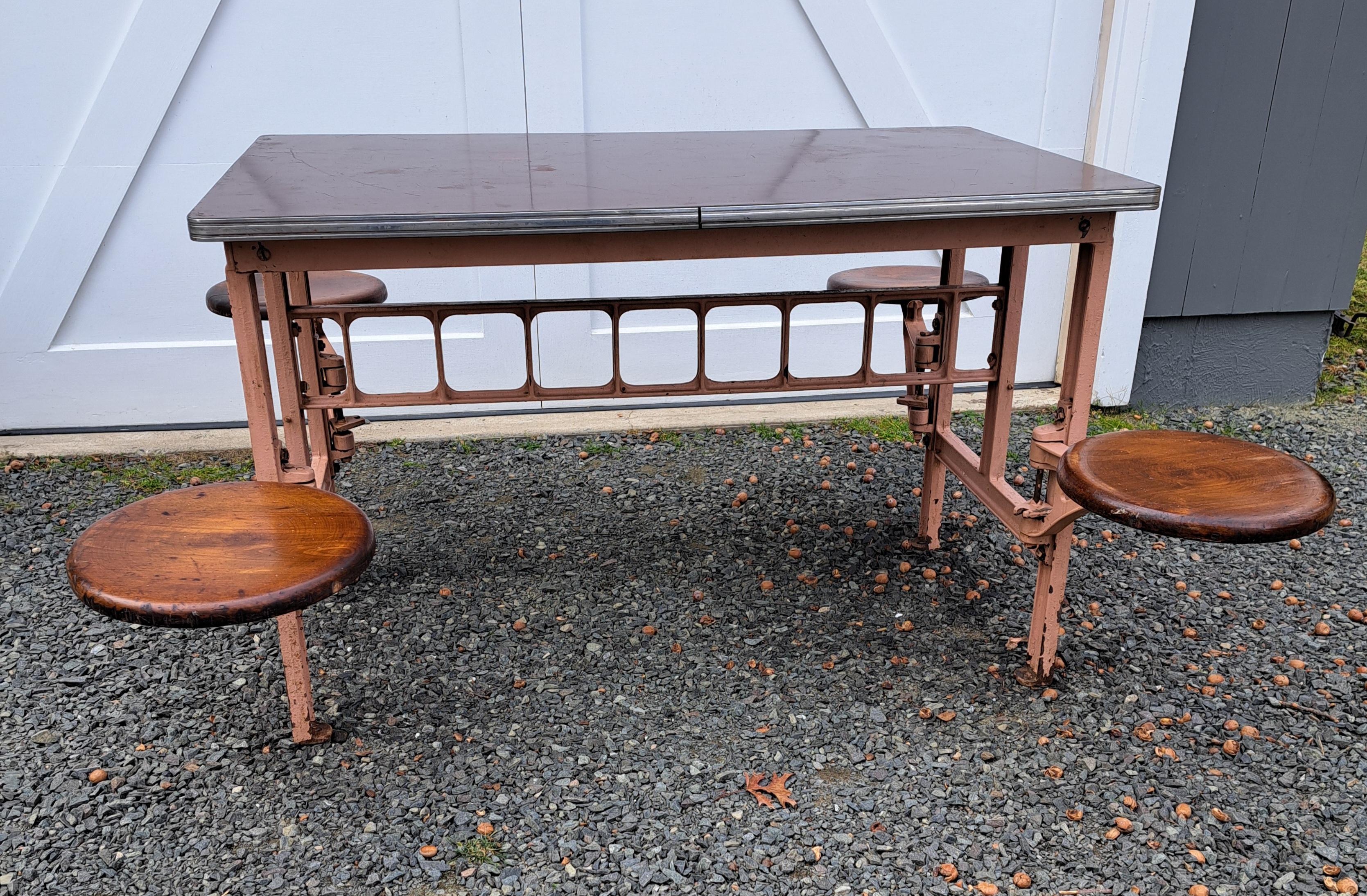Vintage Industrial Factory Cafeteria Dining Set with Swing Out Seats ...