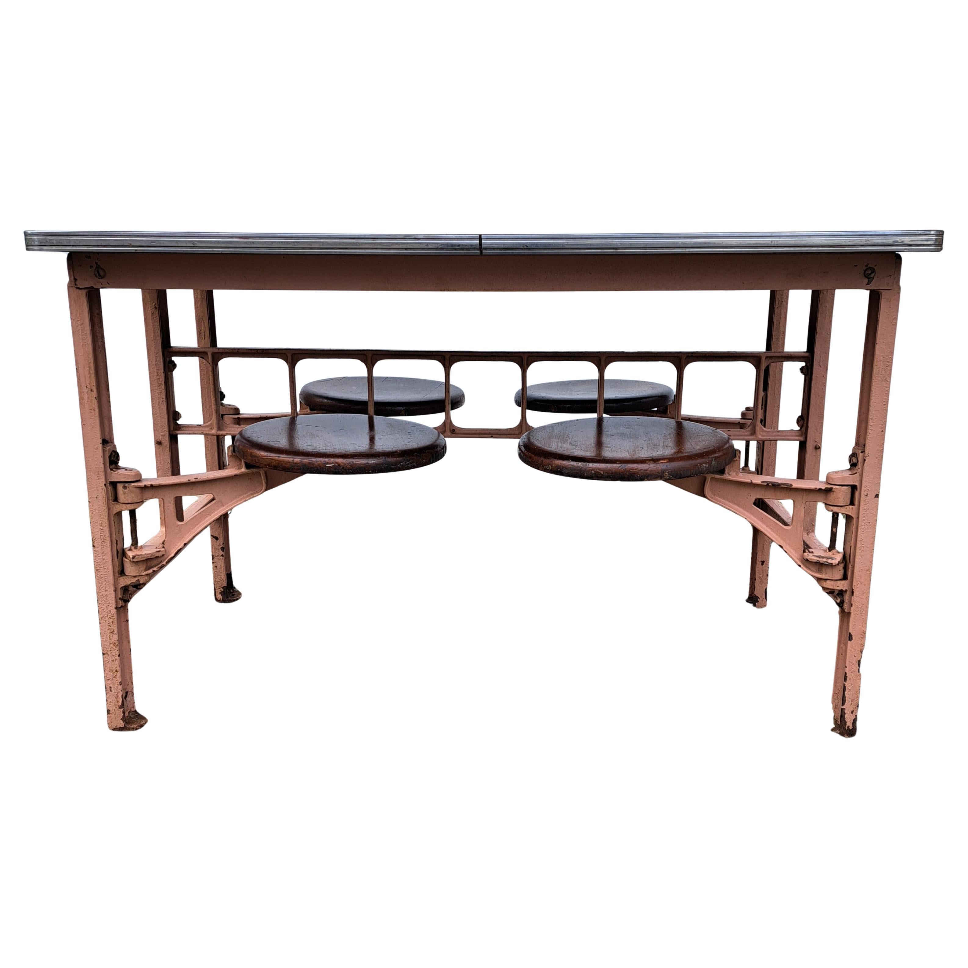 Vintage Industrial Factory Cafeteria Dining Set with Swing Out Seats ...