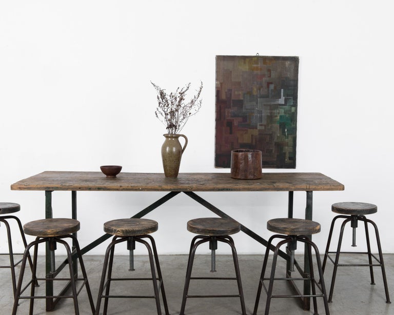 Vintage Industrial Factory Table and Stools, Set of Seven at 1stDibs