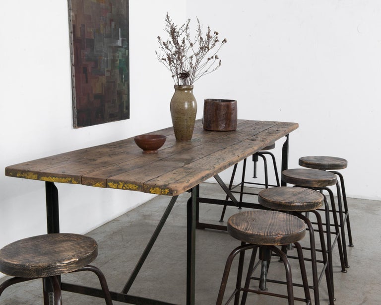 Vintage Industrial Factory Table and Stools, Set of Seven at 1stDibs