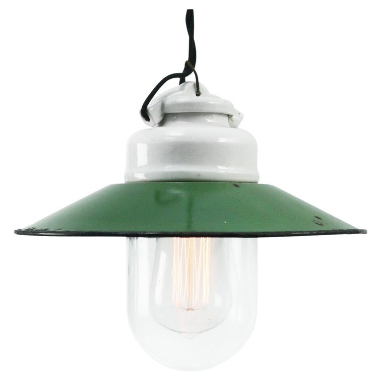 Vintage Industrial Green Enamel Porcelain Clear Glass Pendant Light For