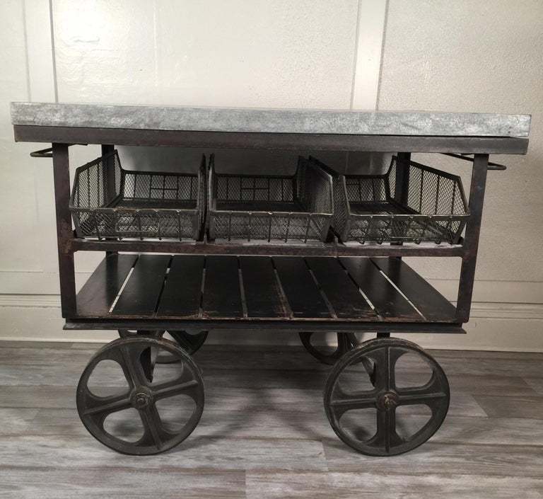 Vintage Industrial Iron Cart with Wire Storage Baskets and Shelves ...